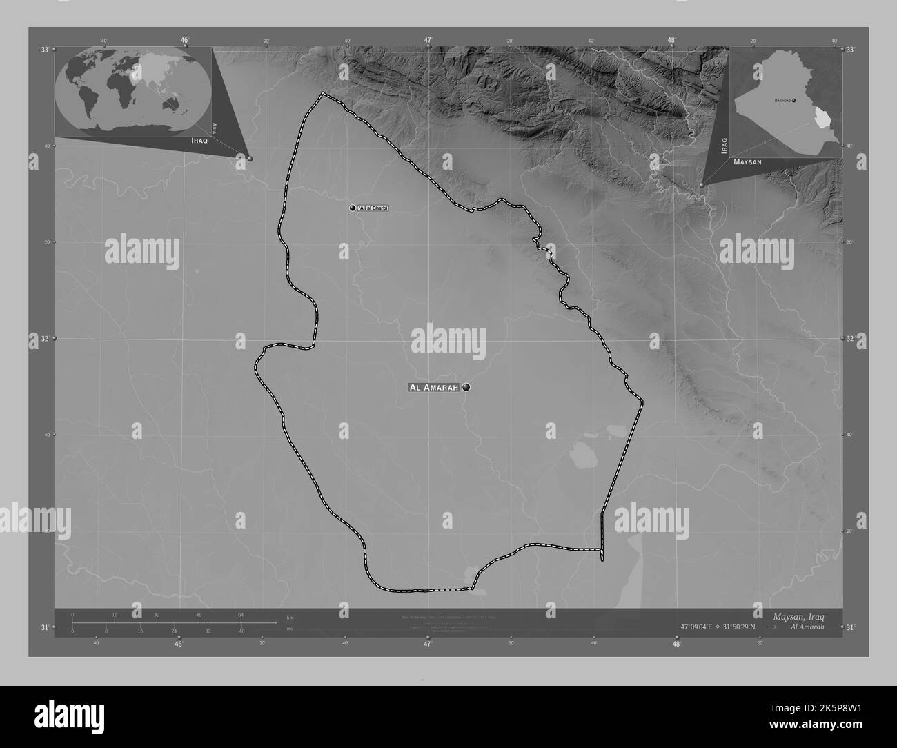 Maysan, province of Iraq. Grayscale elevation map with lakes and rivers. Locations and names of ...