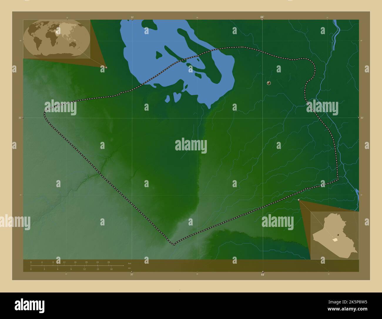 Karbala', province of Iraq. Colored elevation map with lakes and rivers ...