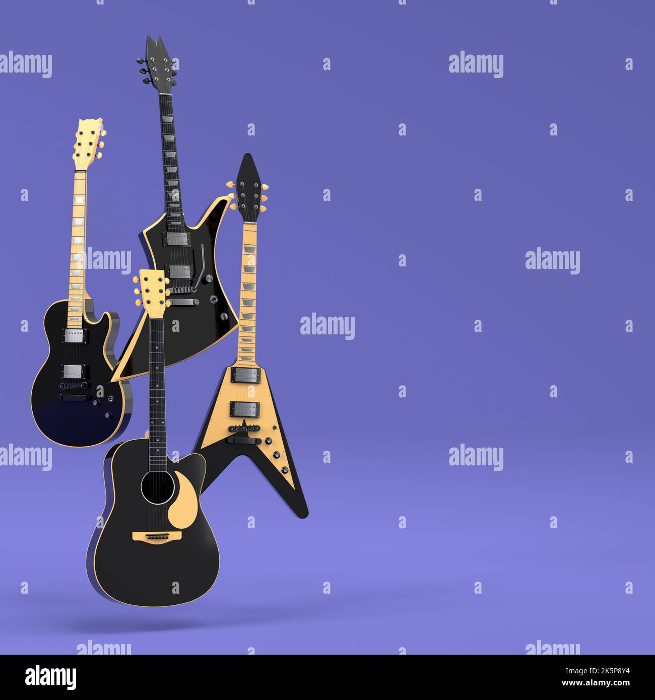 Set of electric acoustic guitars isolated on purple background. 3d ...
