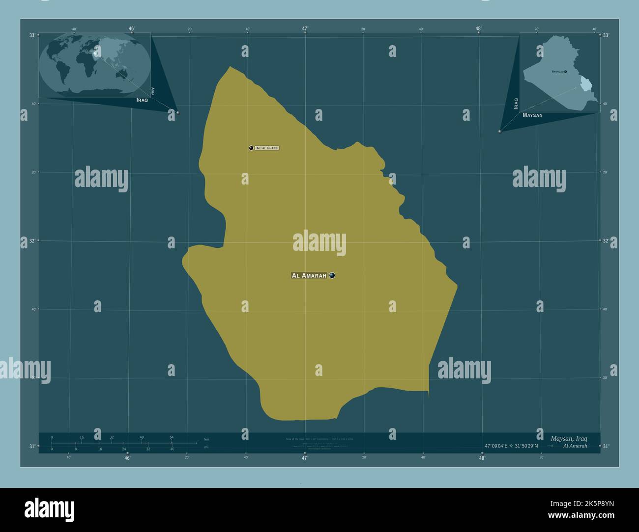 Maysan, province of Iraq. Solid color shape. Locations and names of ...