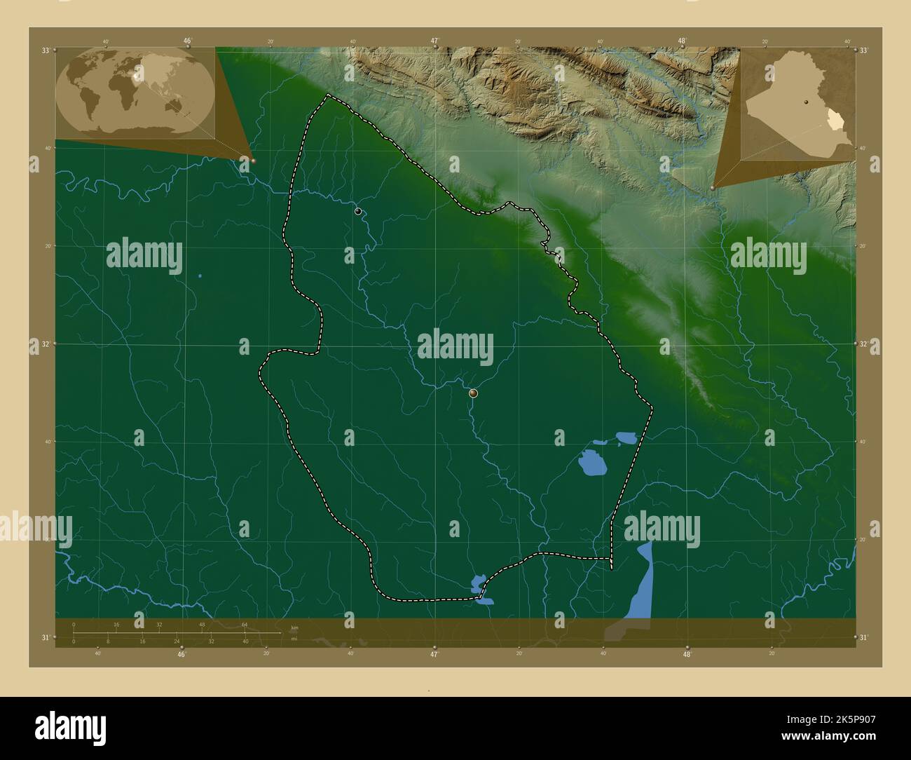 Maysan, province of Iraq. Colored elevation map with lakes and rivers ...