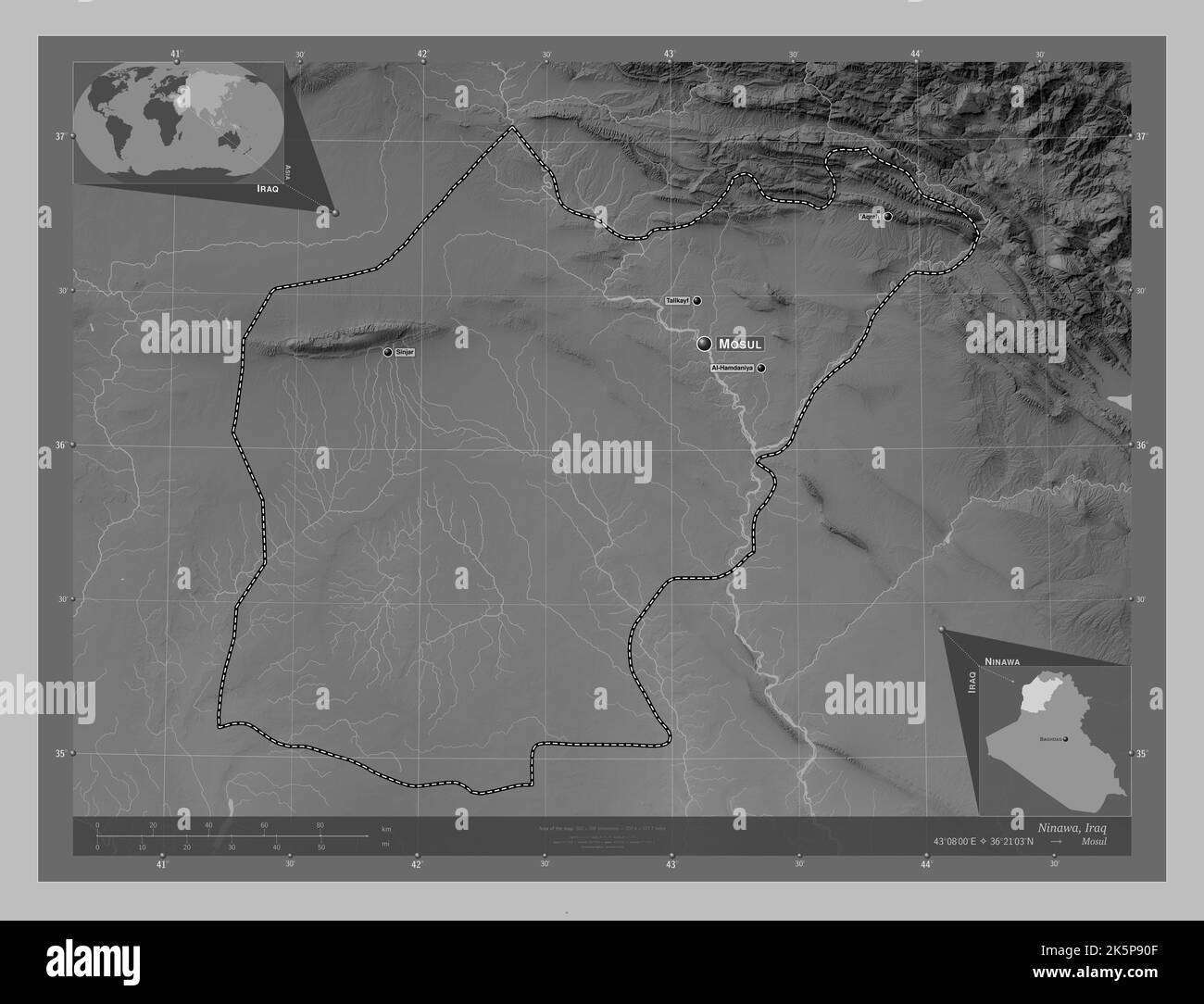 Ninawa, province of Iraq. Grayscale elevation map with lakes and rivers. Locations and names of ...