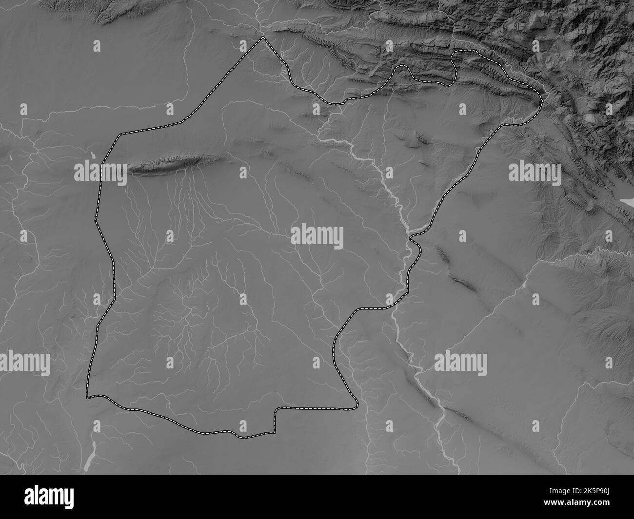 Ninawa, province of Iraq. Grayscale elevation map with lakes and rivers ...