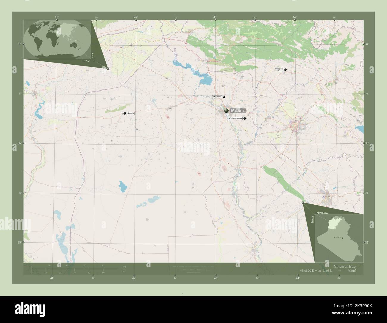 Ninawa, province of Iraq. Open Street Map. Locations and names of major ...