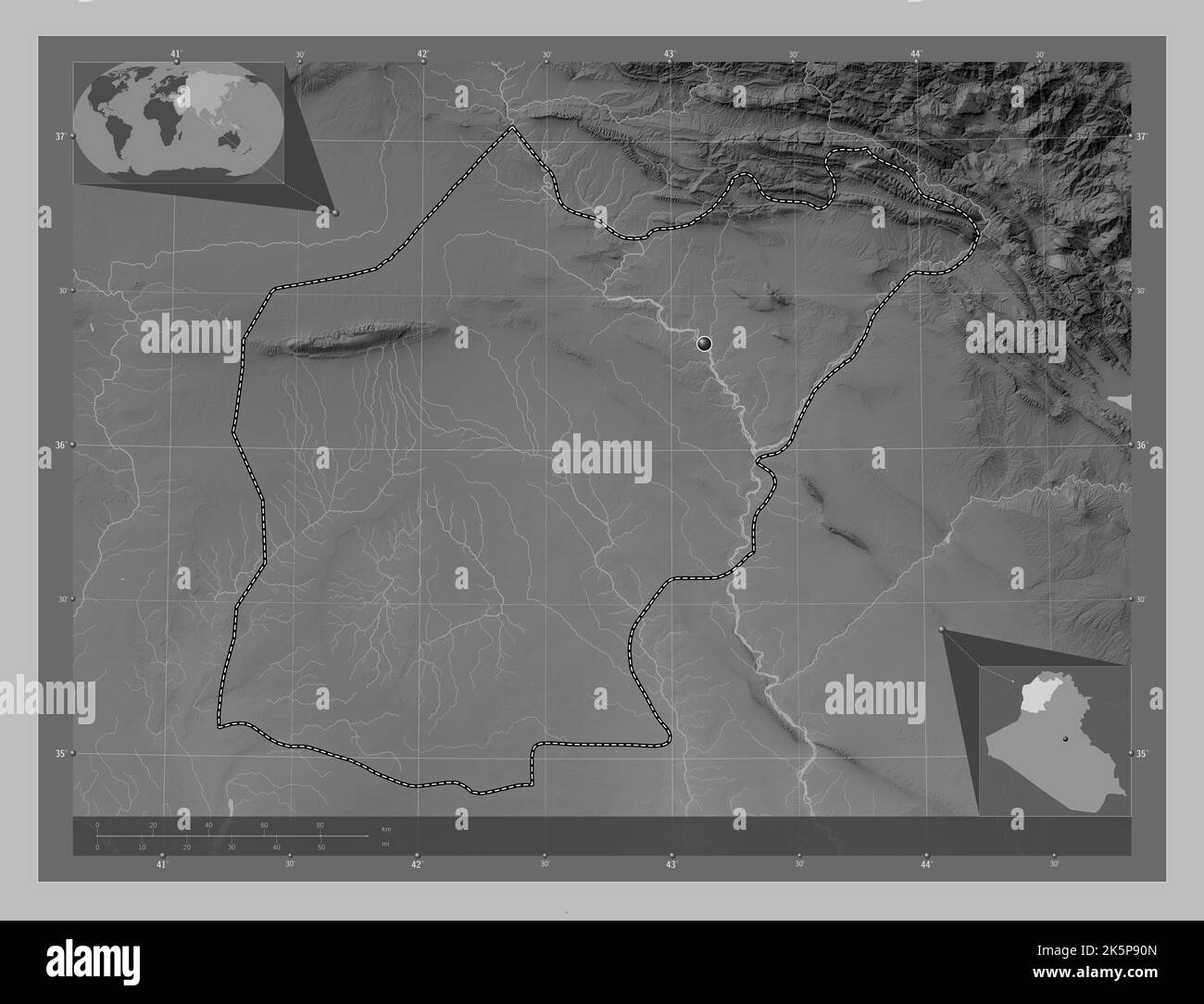 Ninawa, province of Iraq. Grayscale elevation map with lakes and rivers ...