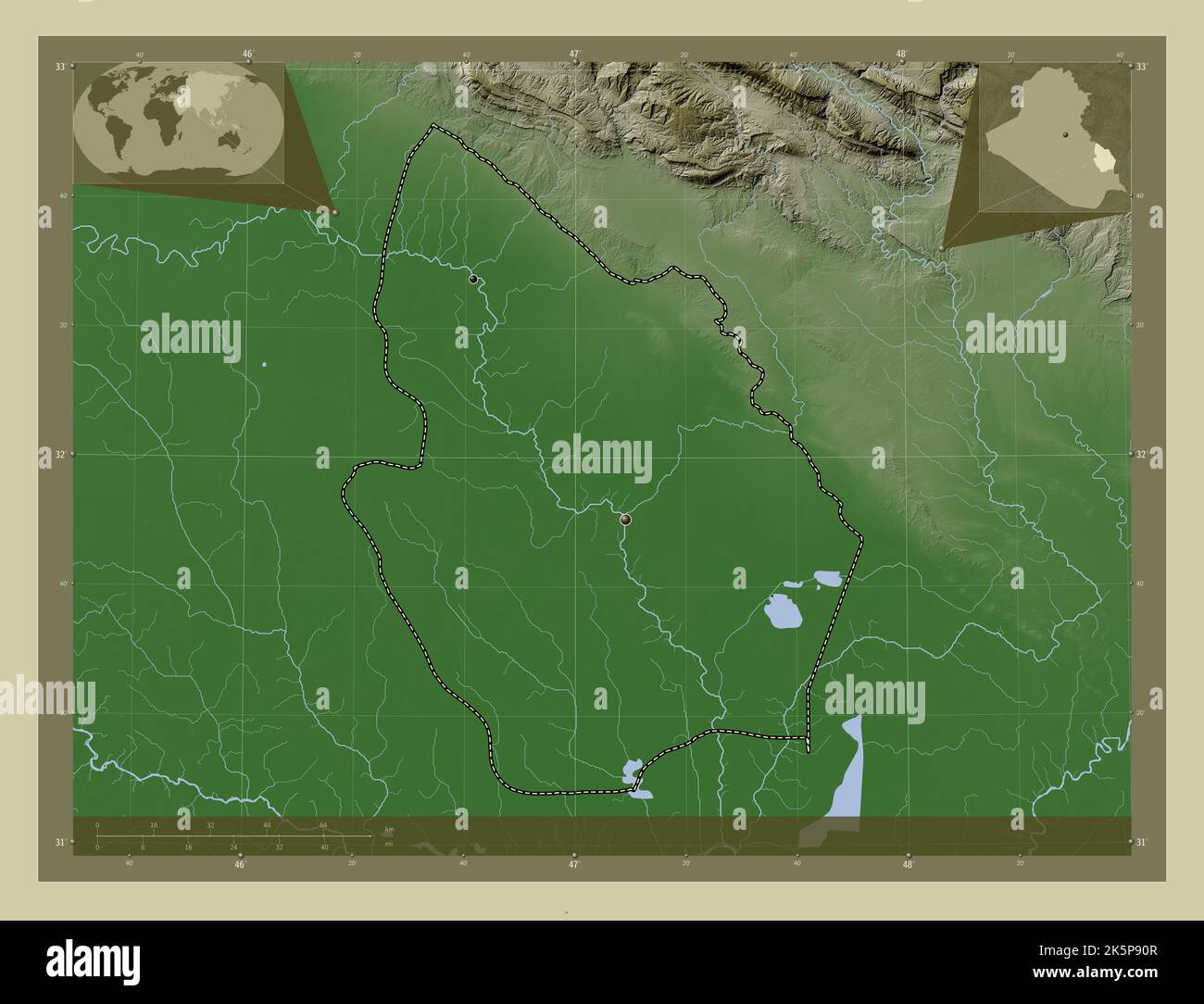 Maysan, province of Iraq. Elevation map colored in wiki style with lakes and rivers. Locations ...