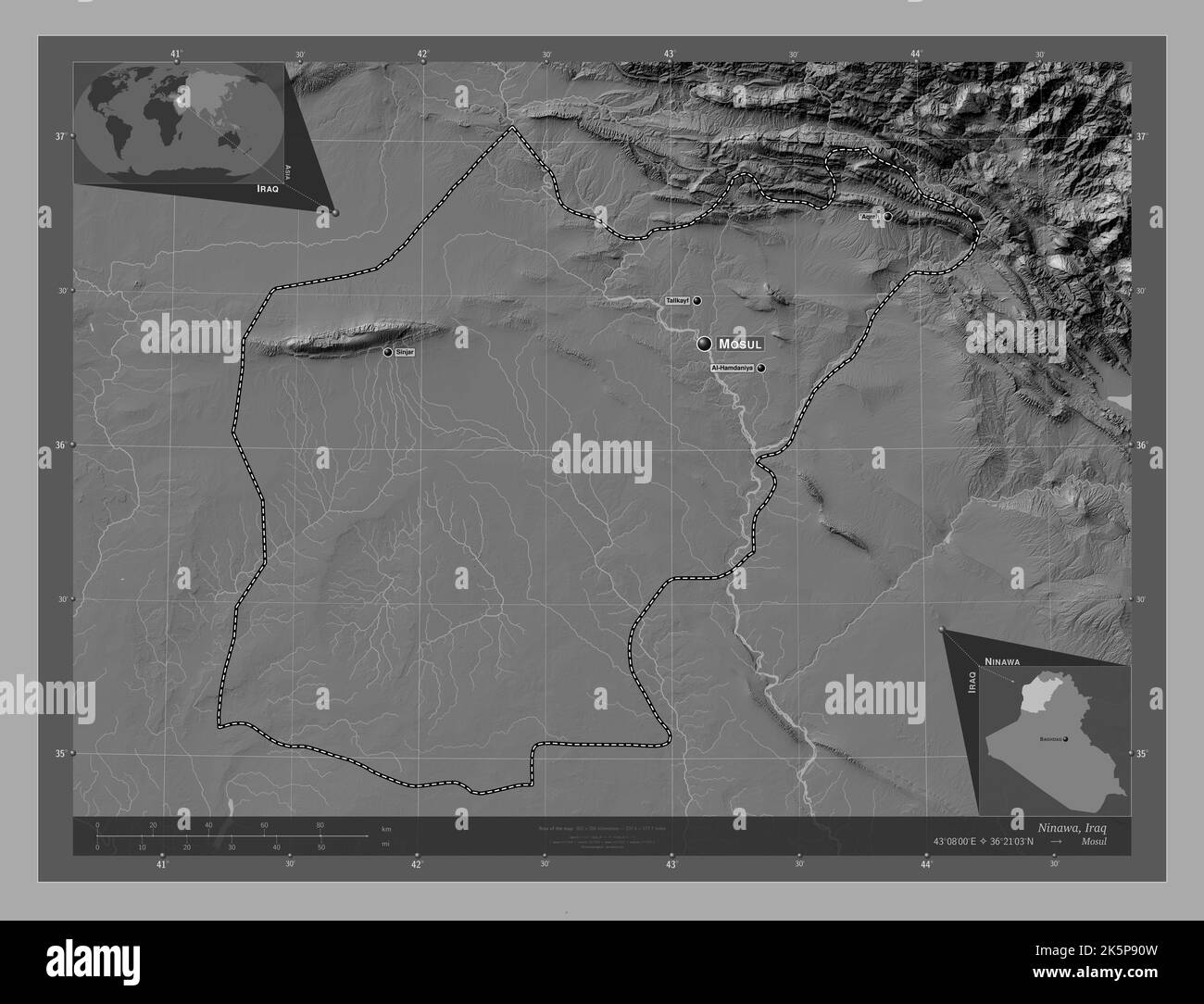 Ninawa, province of Iraq. Bilevel elevation map with lakes and rivers. Locations and names of ...