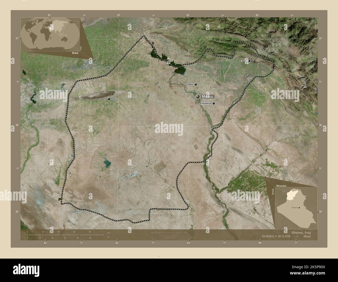 Ninawa, province of Iraq. High resolution satellite map. Locations and names of major cities of ...