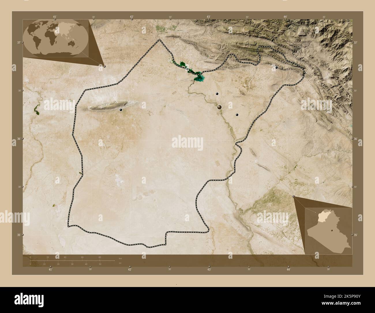 Ninawa, province of Iraq. Low resolution satellite map. Locations of ...