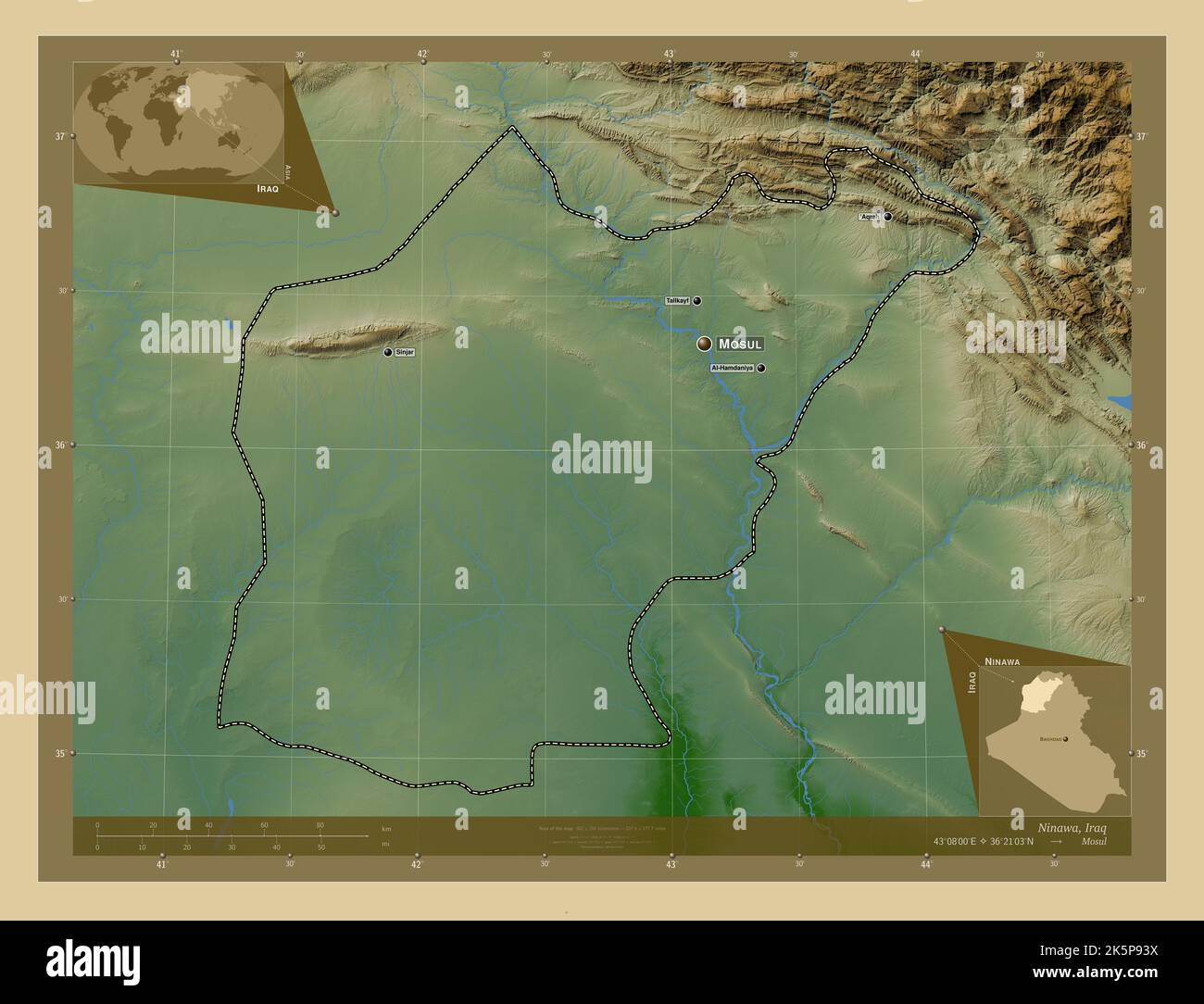 Ninawa, province of Iraq. Colored elevation map with lakes and rivers ...
