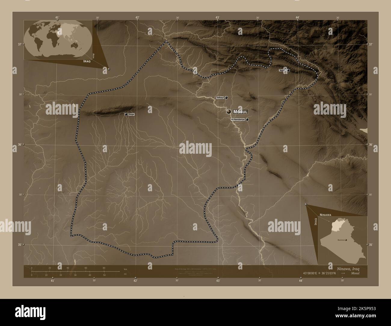 Ninawa, province of Iraq. Elevation map colored in sepia tones with ...