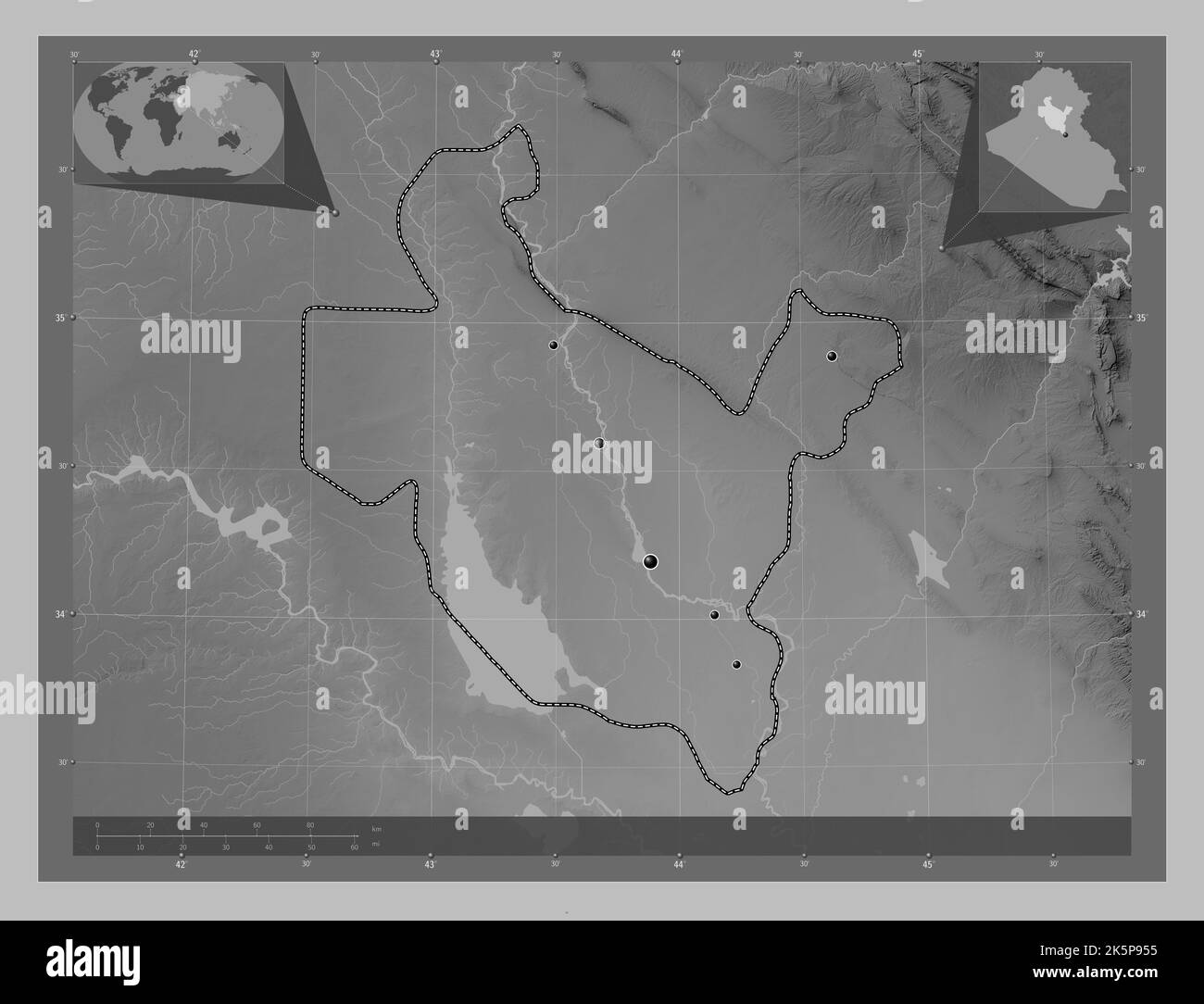 Sala ad-Din, province of Iraq. Grayscale elevation map with lakes and ...