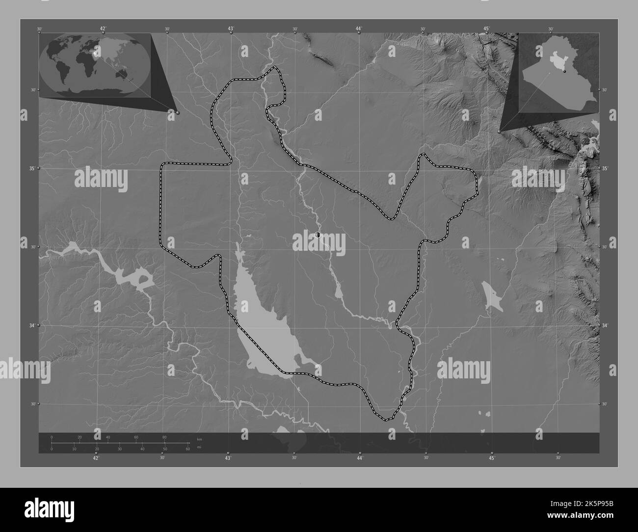 Sala ad-Din, province of Iraq. Bilevel elevation map with lakes and rivers. Corner auxiliary ...