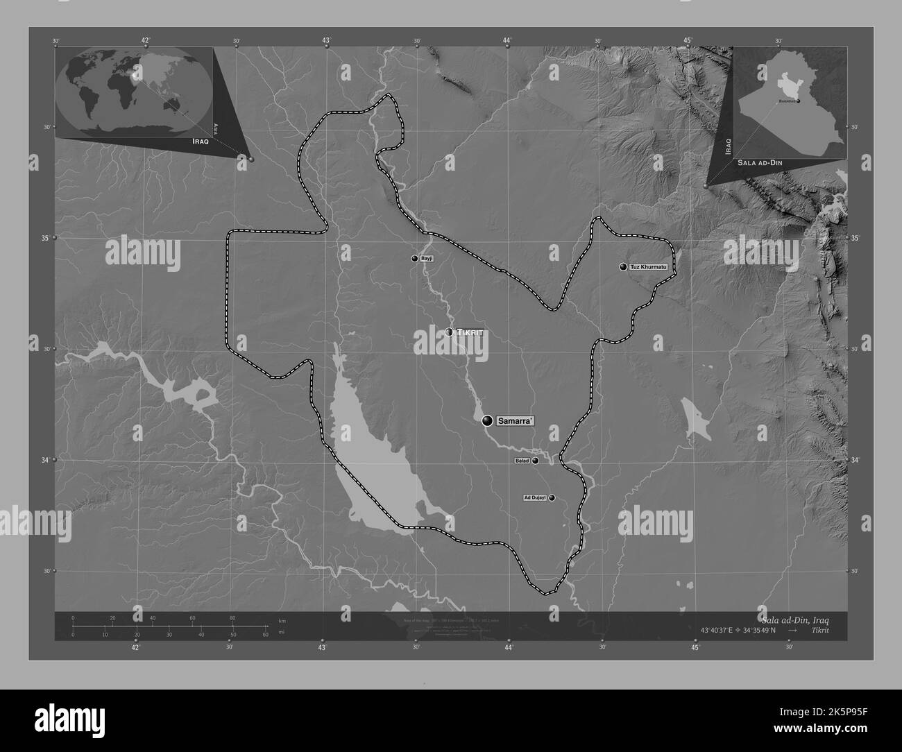 Sala ad-Din, province of Iraq. Bilevel elevation map with lakes and rivers. Locations and names ...