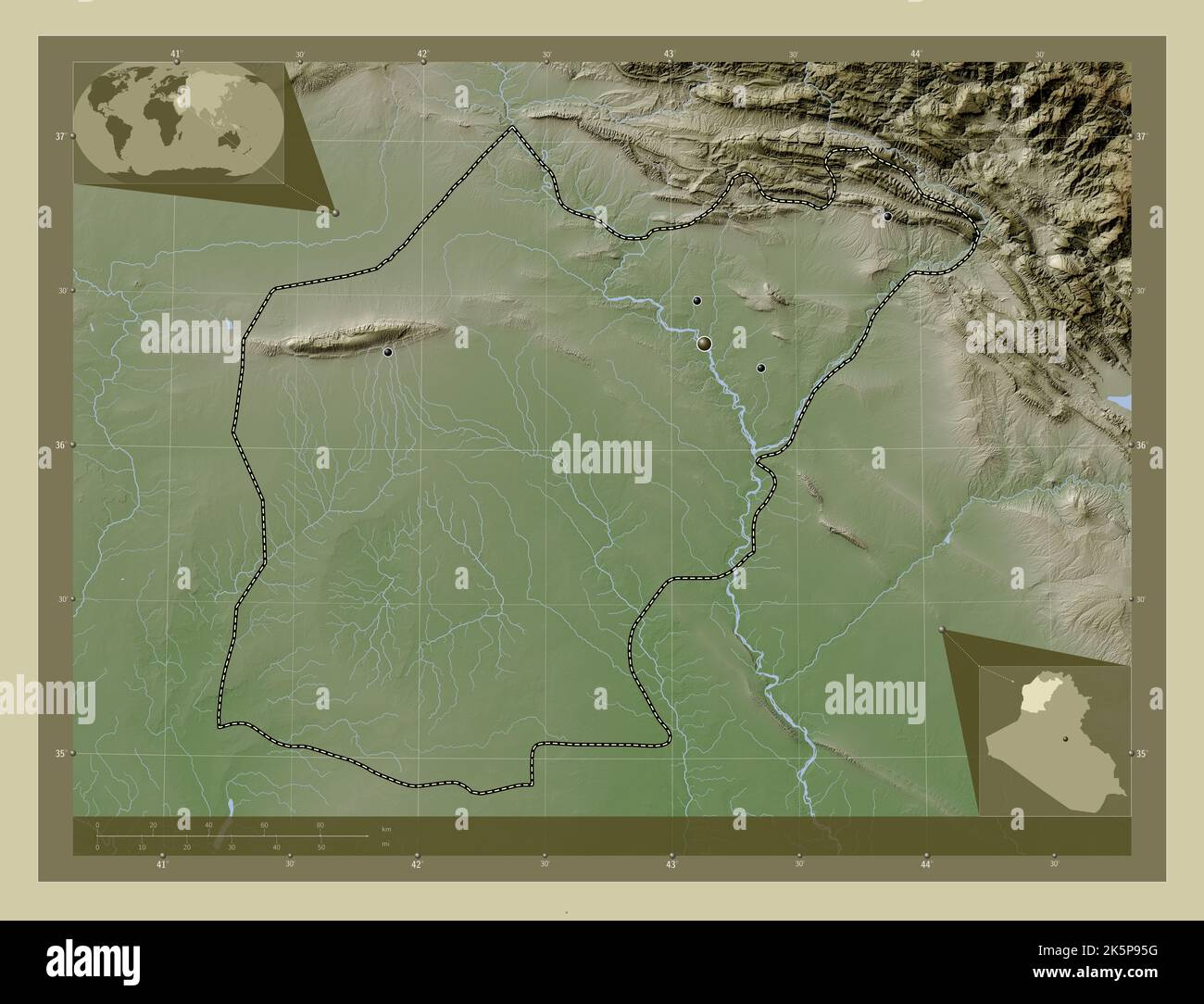 Ninawa, province of Iraq. Elevation map colored in wiki style with ...