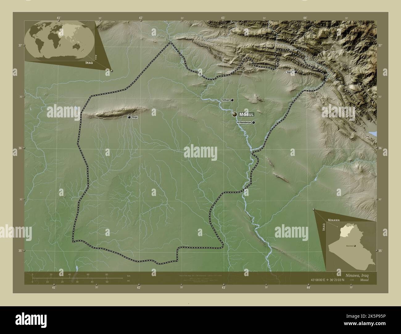 Ninawa, province of Iraq. Elevation map colored in wiki style with lakes and rivers. Locations ...