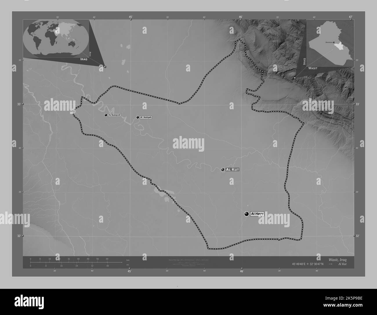 Wasit, province of Iraq. Grayscale elevation map with lakes and rivers. Locations and names of ...