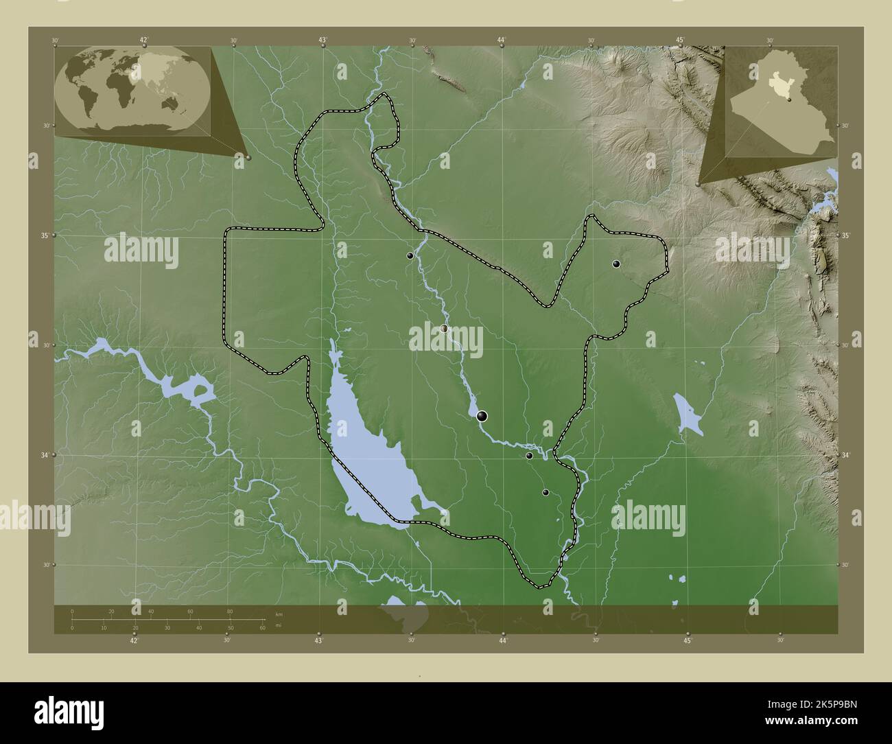 Sala ad-Din, province of Iraq. Elevation map colored in wiki style with lakes and rivers ...