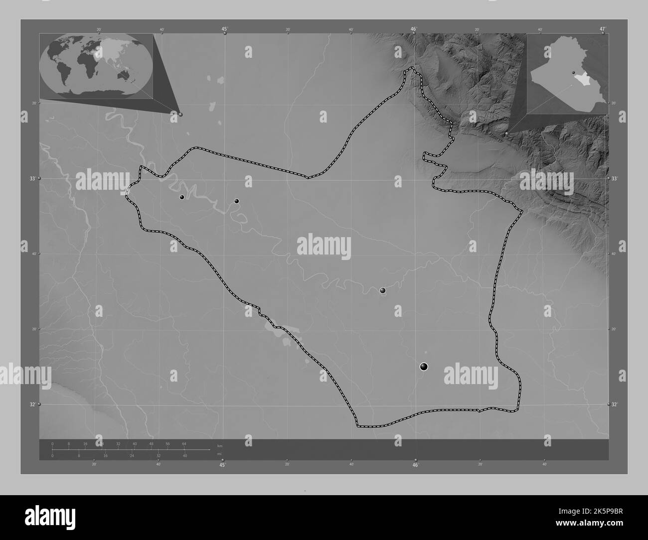 Wasit, province of Iraq. Grayscale elevation map with lakes and rivers ...