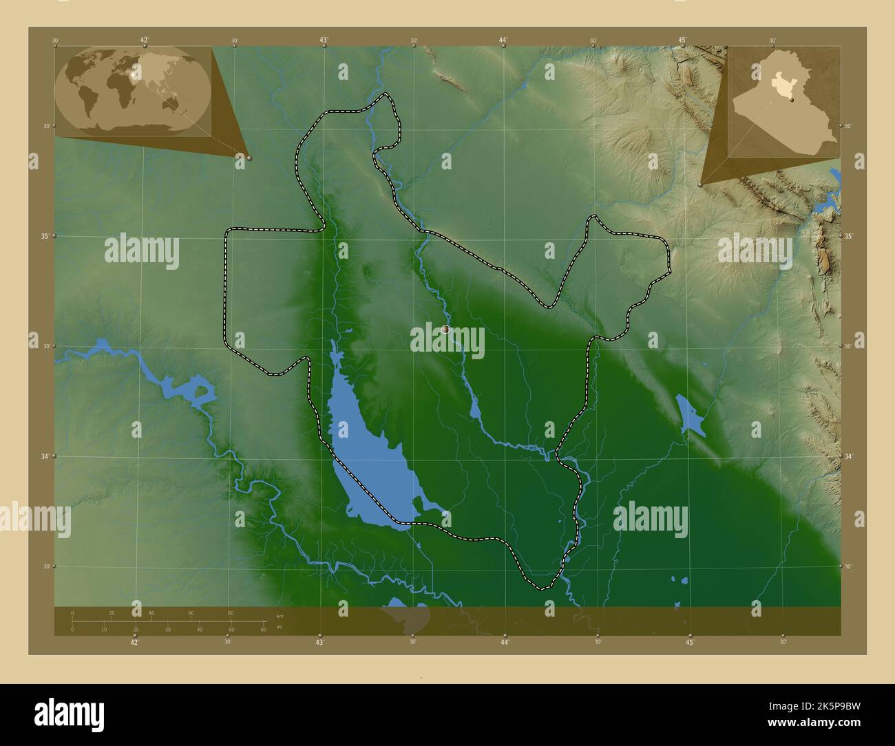 Sala ad-Din, province of Iraq. Colored elevation map with lakes and ...