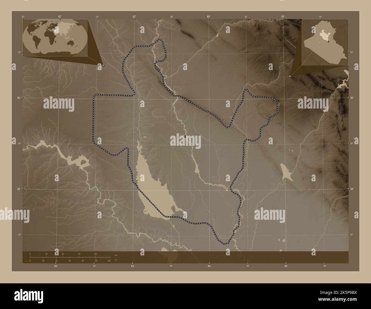 Sala ad-Din, province of Iraq. Elevation map colored in sepia tones ...