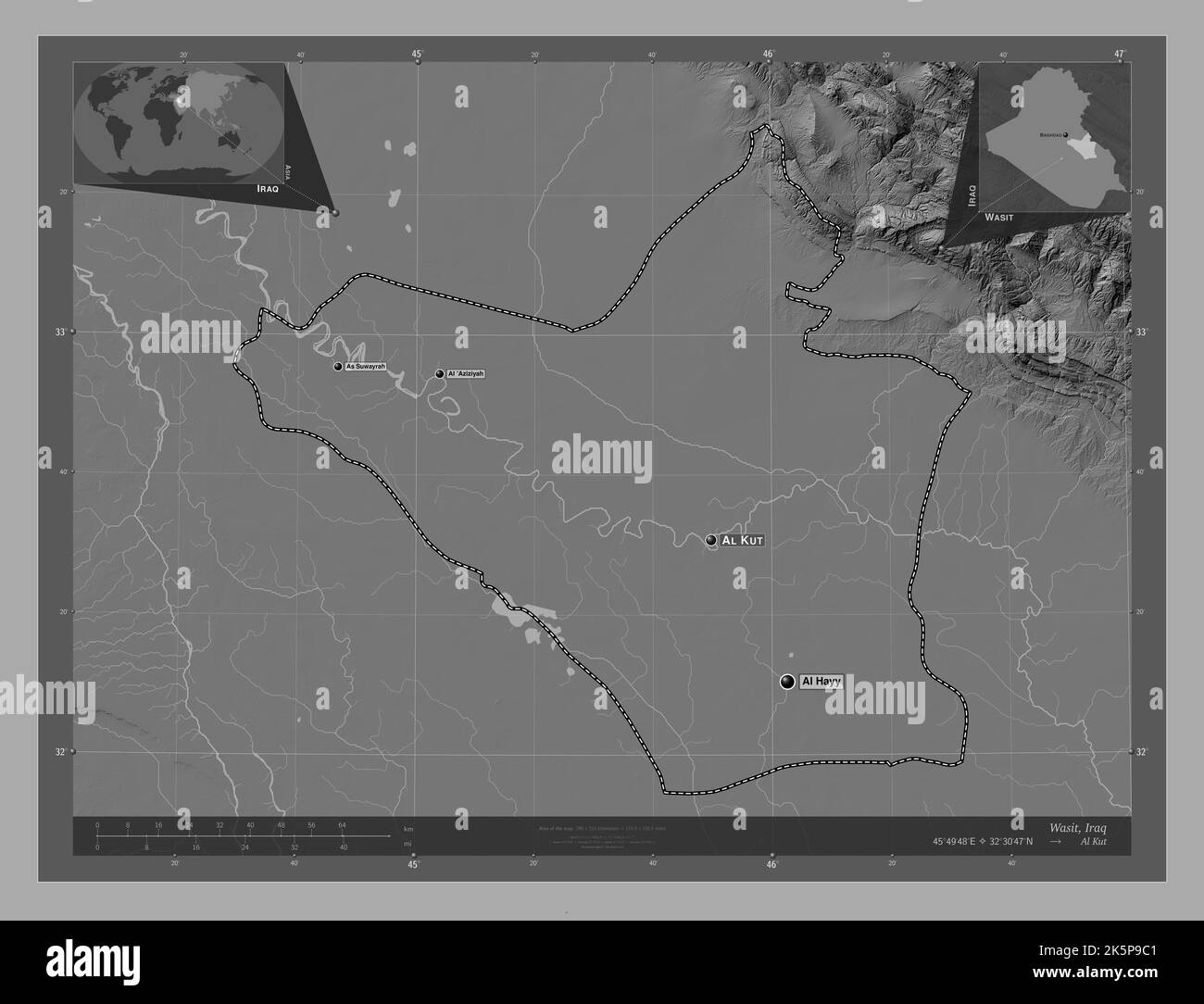 Wasit, province of Iraq. Bilevel elevation map with lakes and rivers. Locations and names of ...