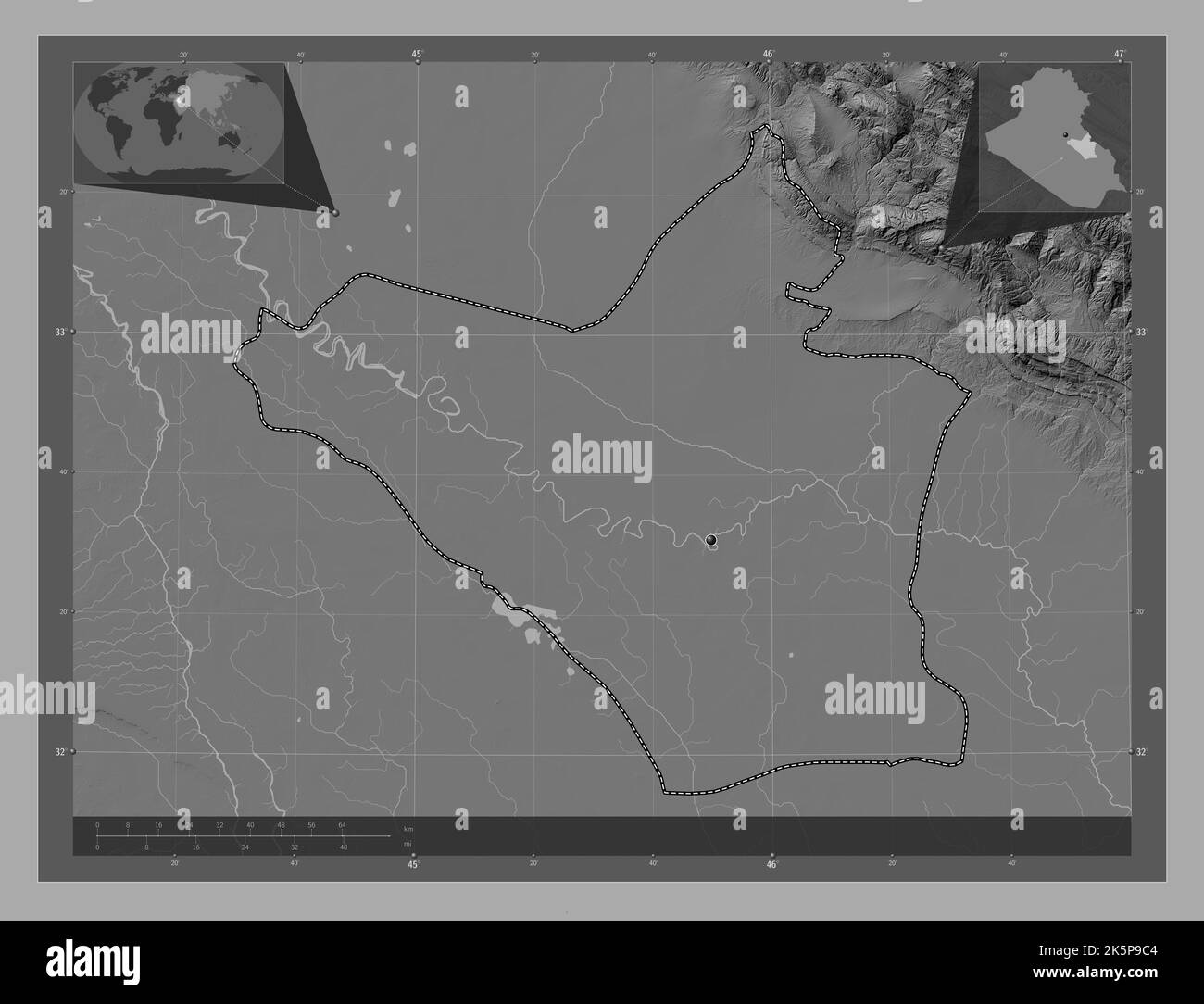 Wasit, province of Iraq. Bilevel elevation map with lakes and rivers ...