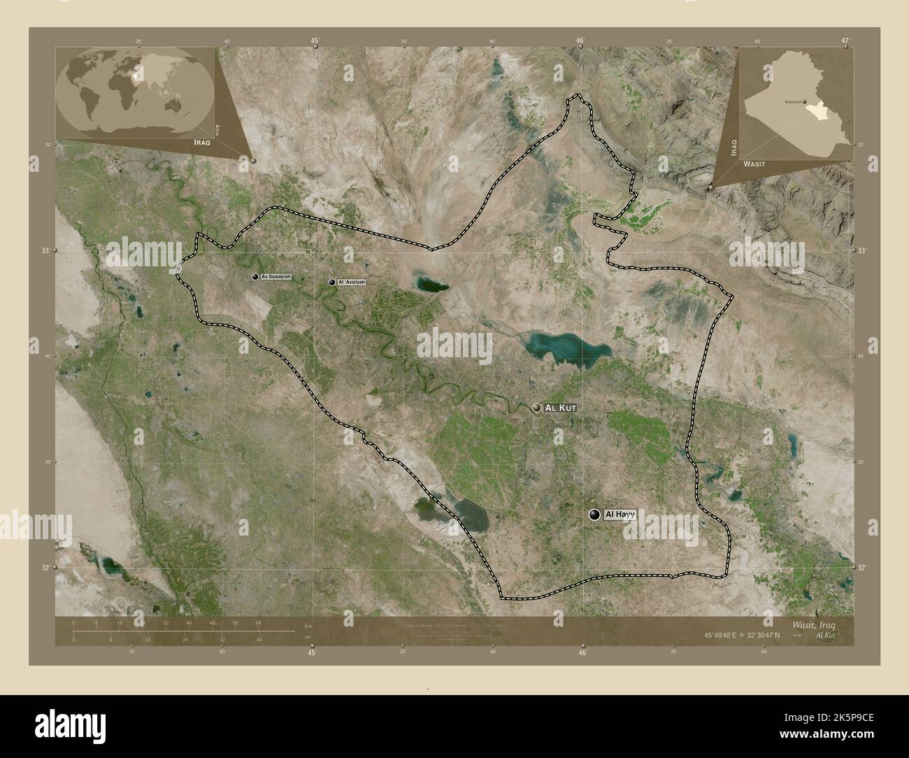 Wasit, province of Iraq. High resolution satellite map. Locations and names of major cities of ...