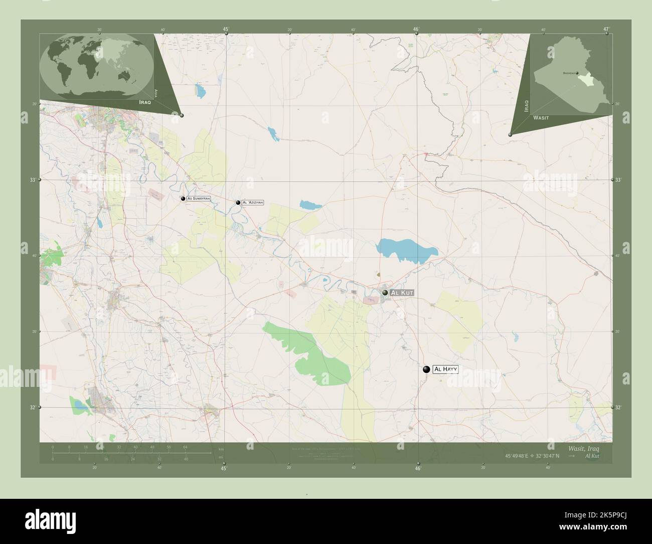 Wasit, province of Iraq. Open Street Map. Locations and names of major ...