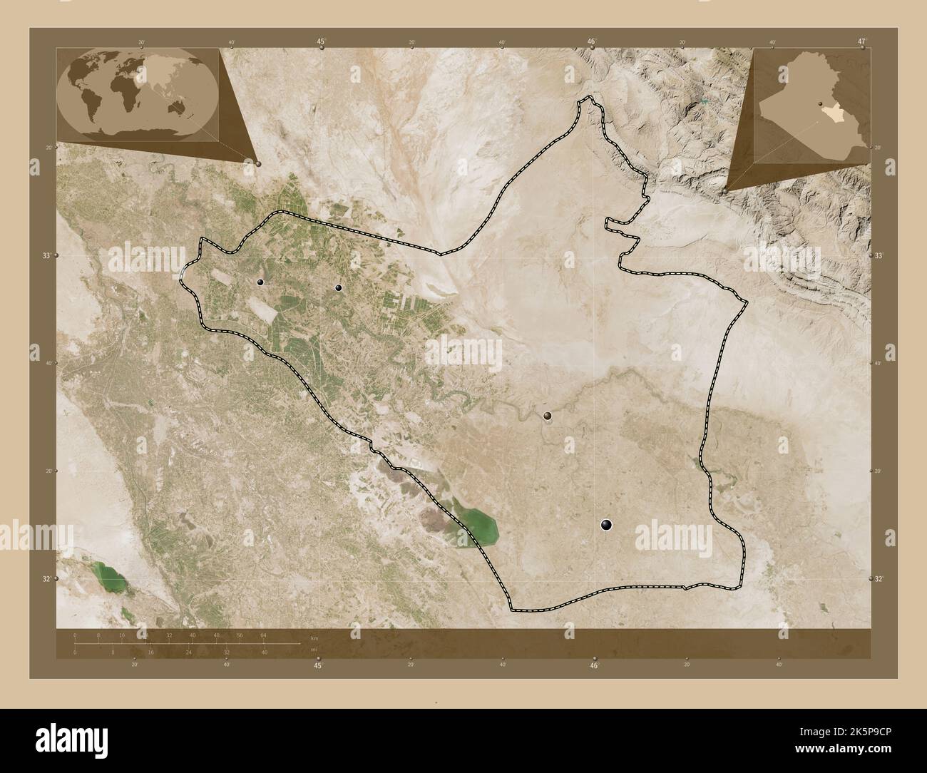 Wasit, province of Iraq. Low resolution satellite map. Locations of ...