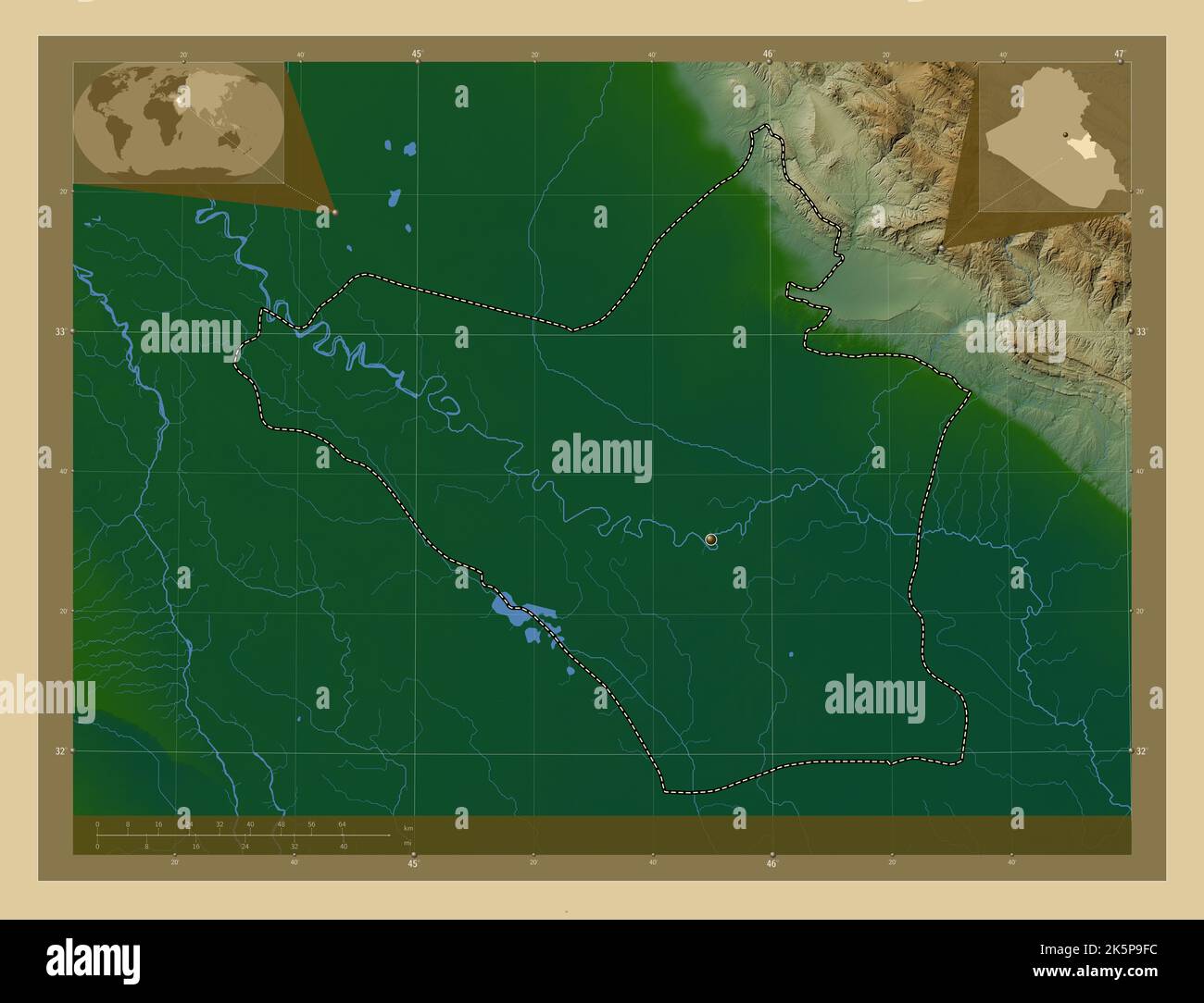 Wasit, province of Iraq. Colored elevation map with lakes and rivers ...