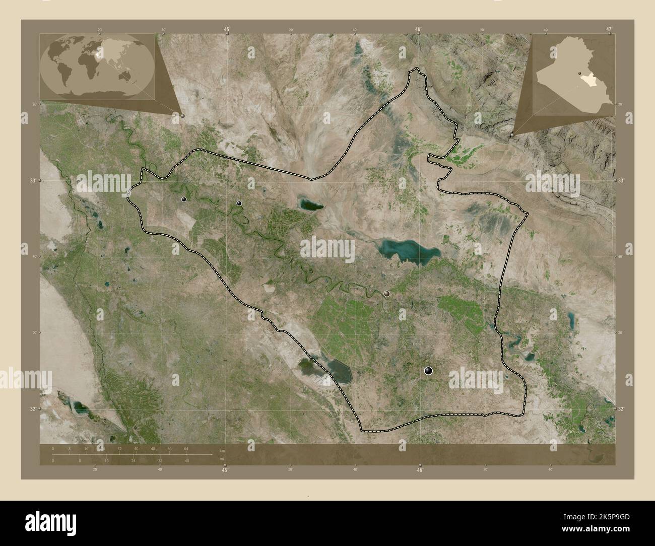 Wasit, province of Iraq. High resolution satellite map. Locations of ...