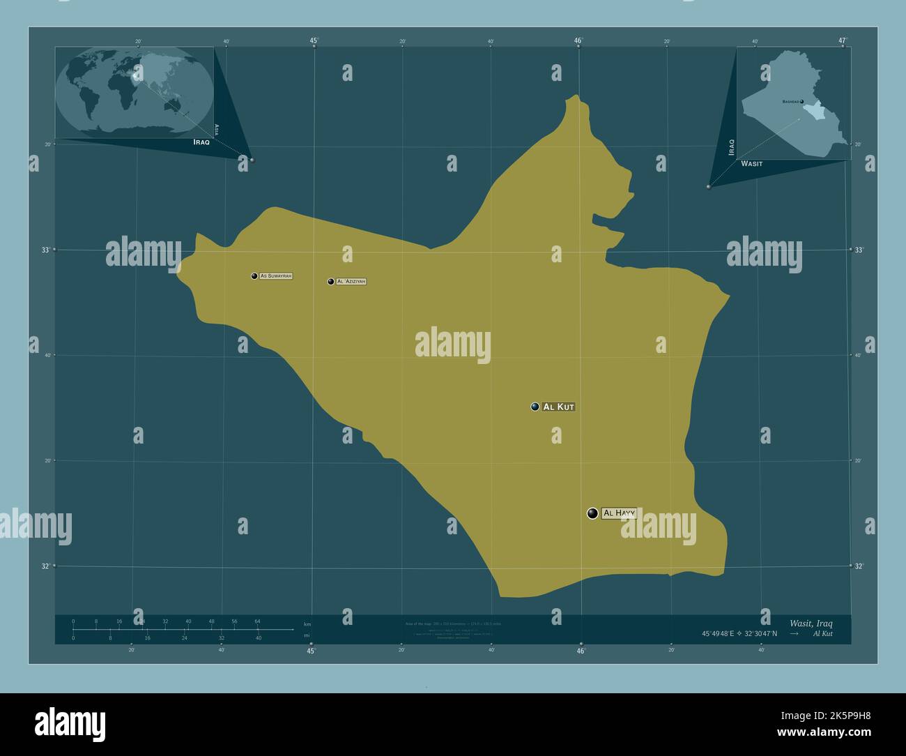 Wasit, province of Iraq. Solid color shape. Locations and names of ...