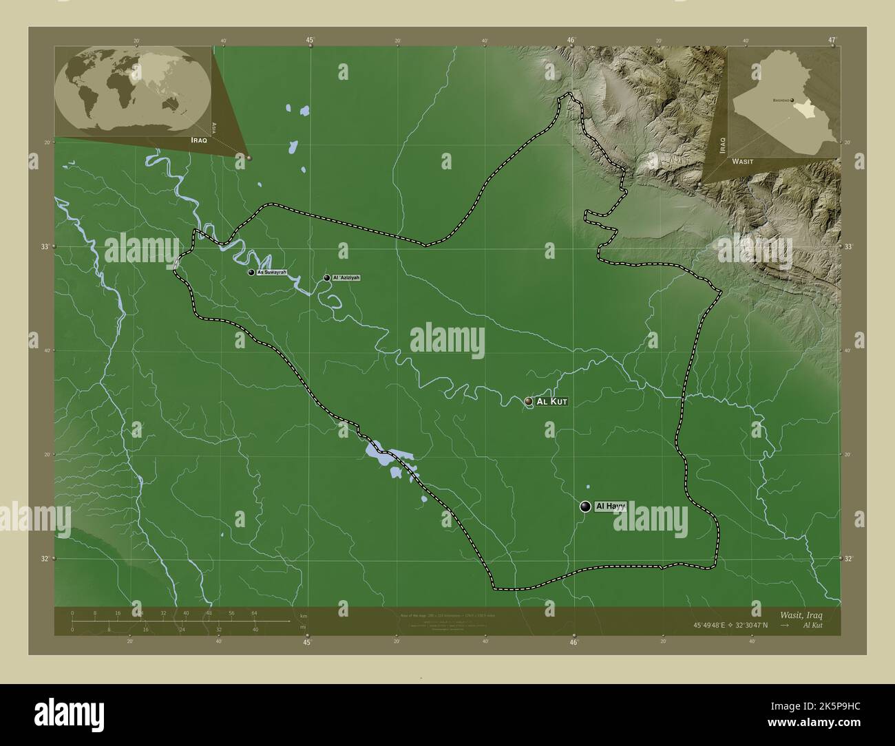 Wasit, province of Iraq. Elevation map colored in wiki style with lakes ...