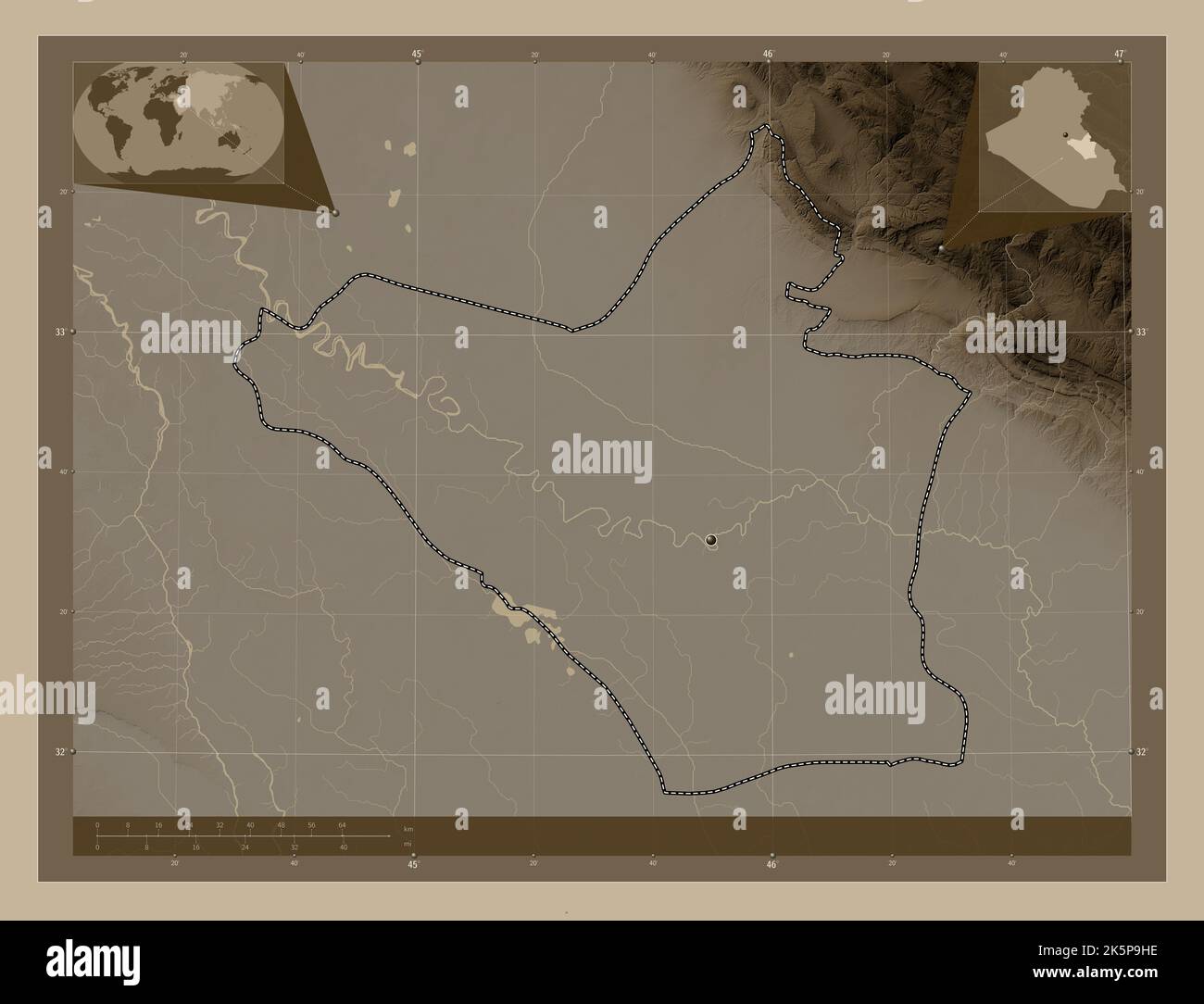 Wasit, province of Iraq. Elevation map colored in sepia tones with ...