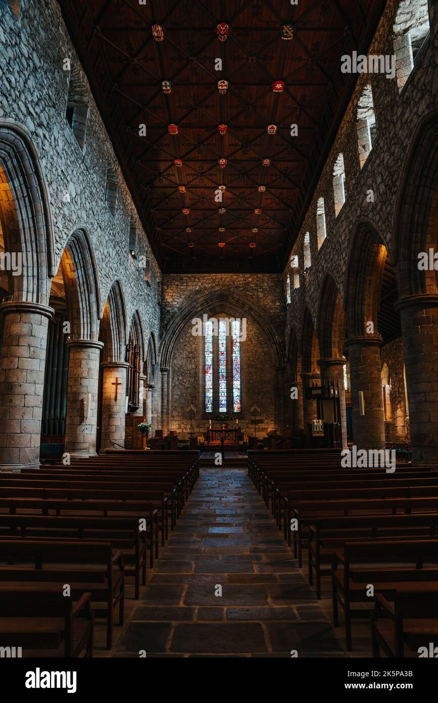 The interior of Ancient Church Cathedral with pillars, arches, and ...