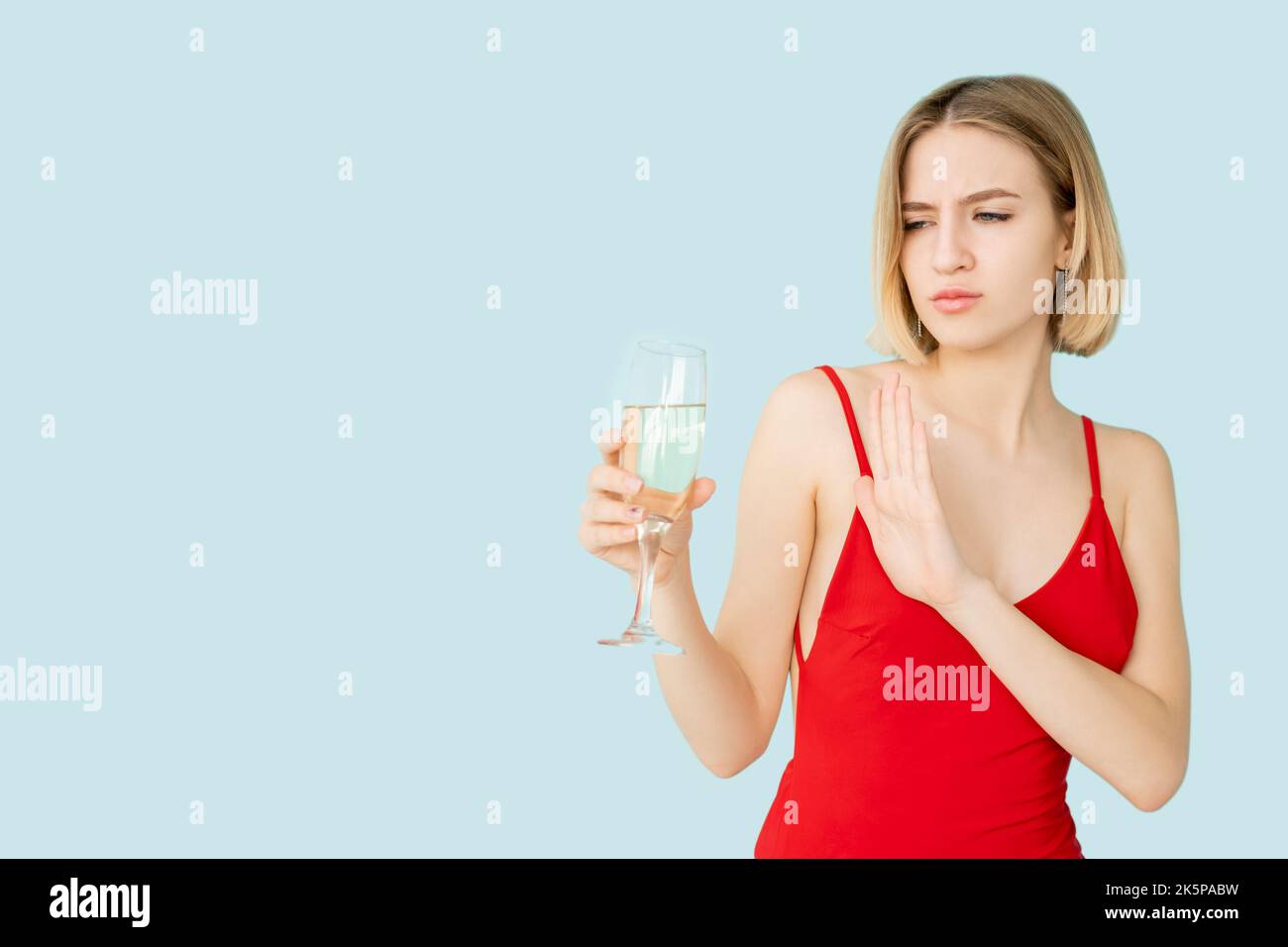 Stop drink. Skeptic woman. Party doubt. Festive celebration ...