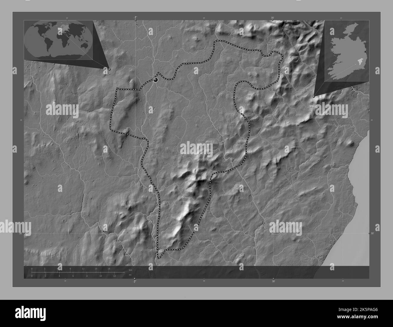 Carlow, county of Ireland. Bilevel elevation map with lakes and rivers ...