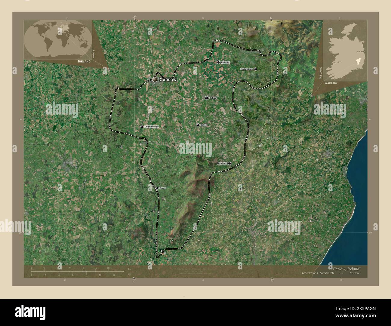 Carlow, county of Ireland. High resolution satellite map. Locations and ...