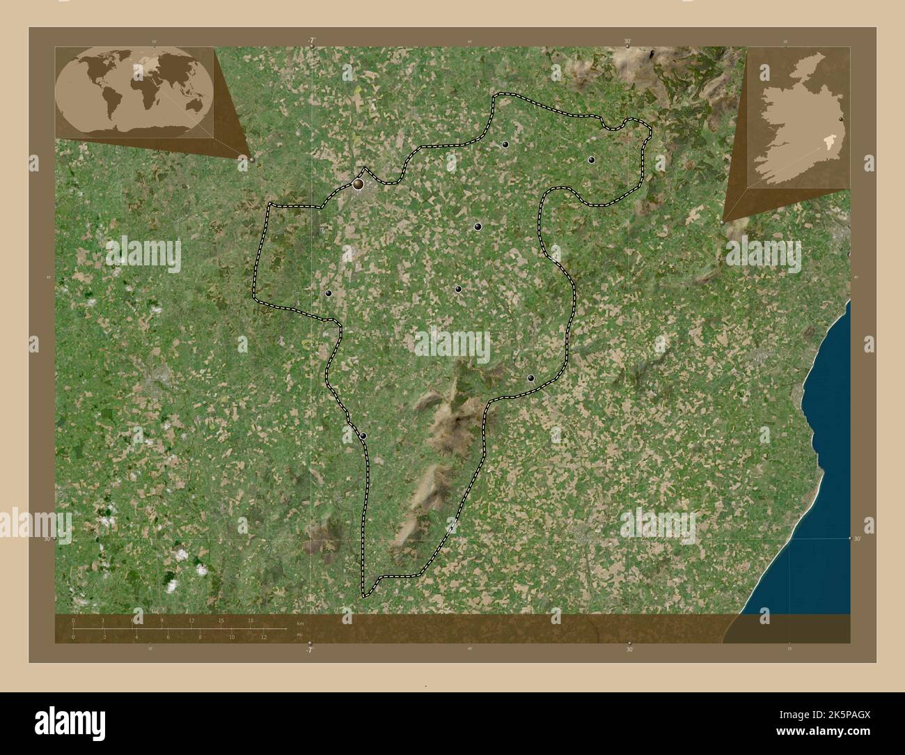Carlow, county of Ireland. Low resolution satellite map. Locations of ...