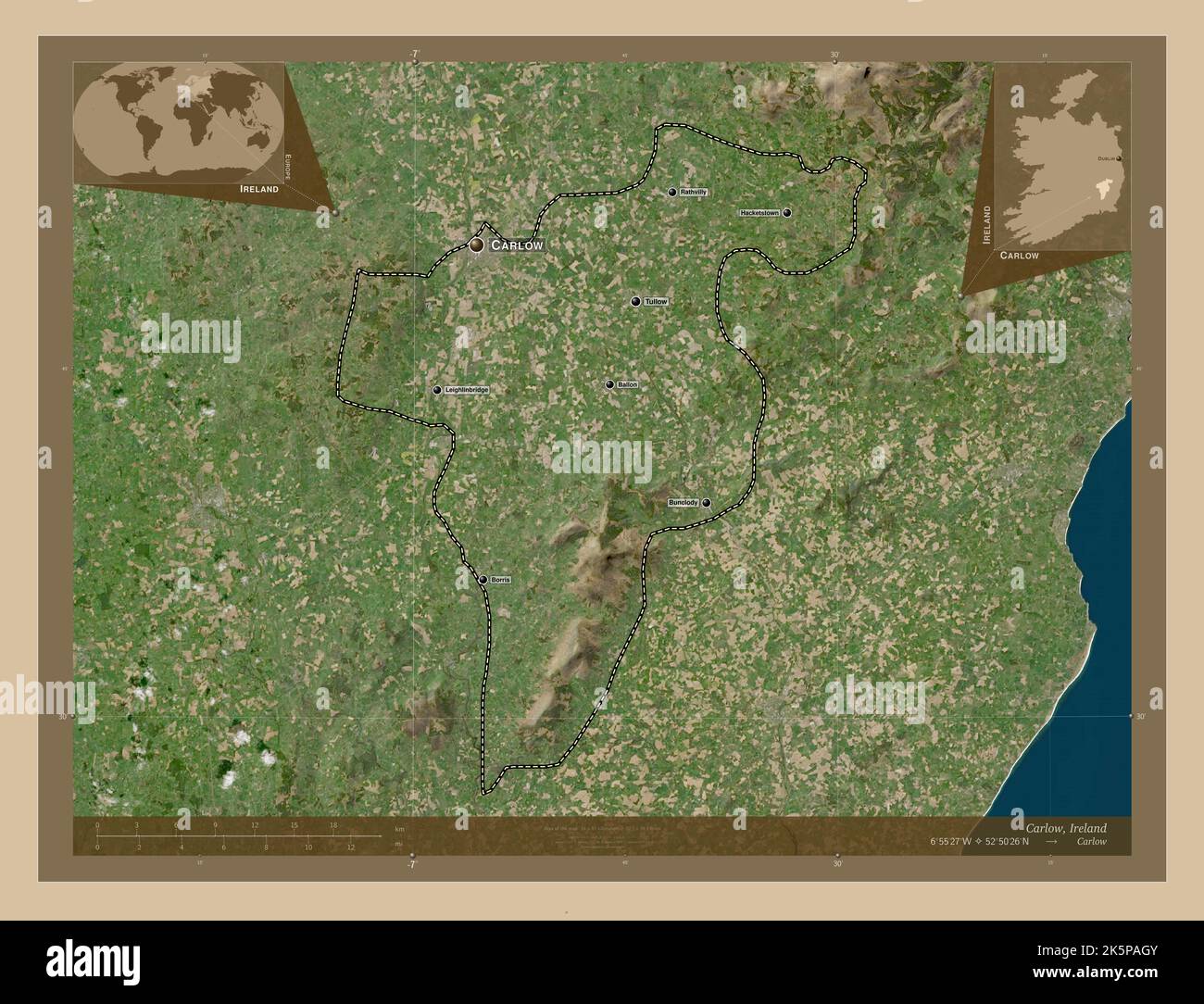 Carlow, county of Ireland. Low resolution satellite map. Locations and ...