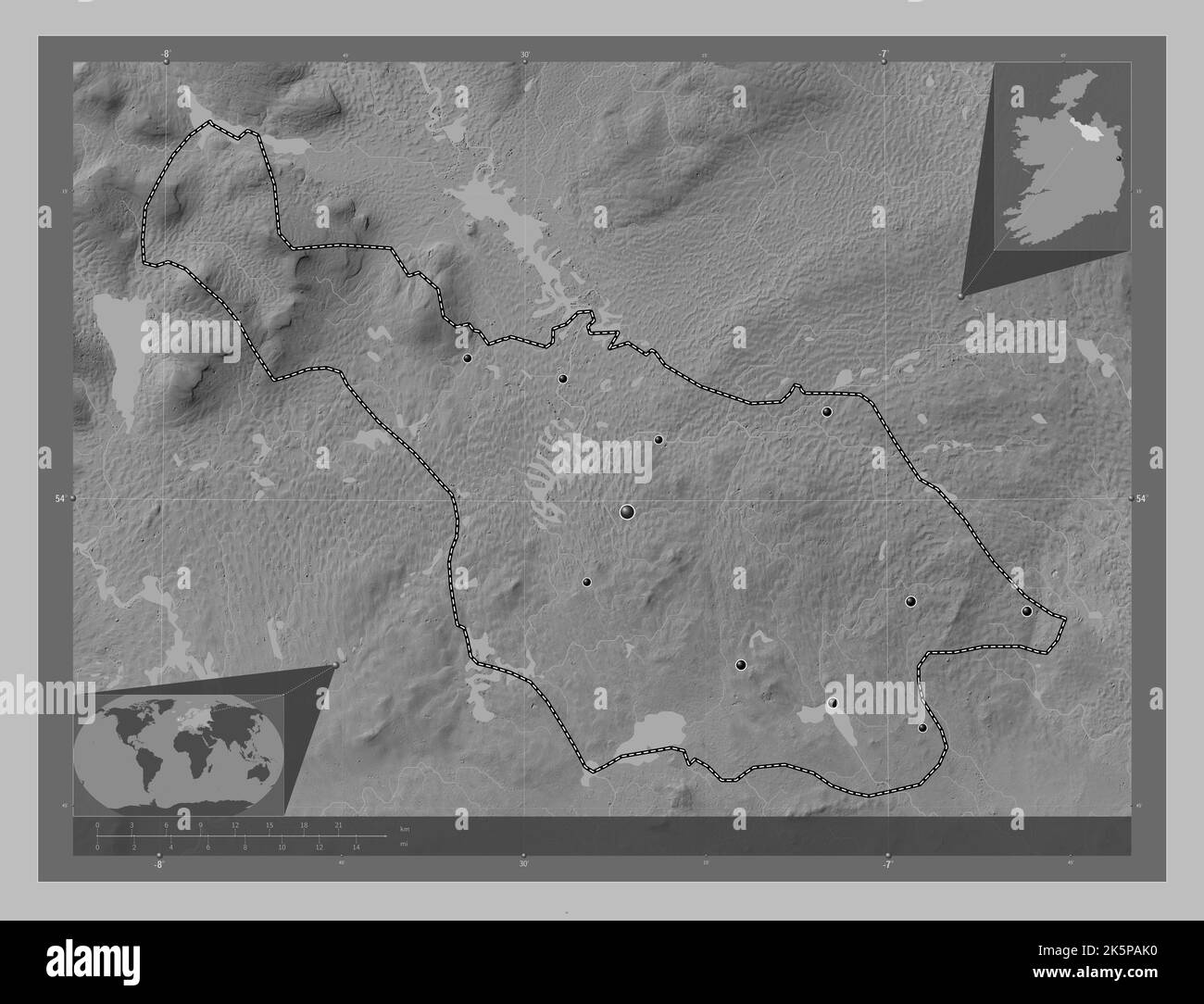 Cavan, county of Ireland. Grayscale elevation map with lakes and rivers ...