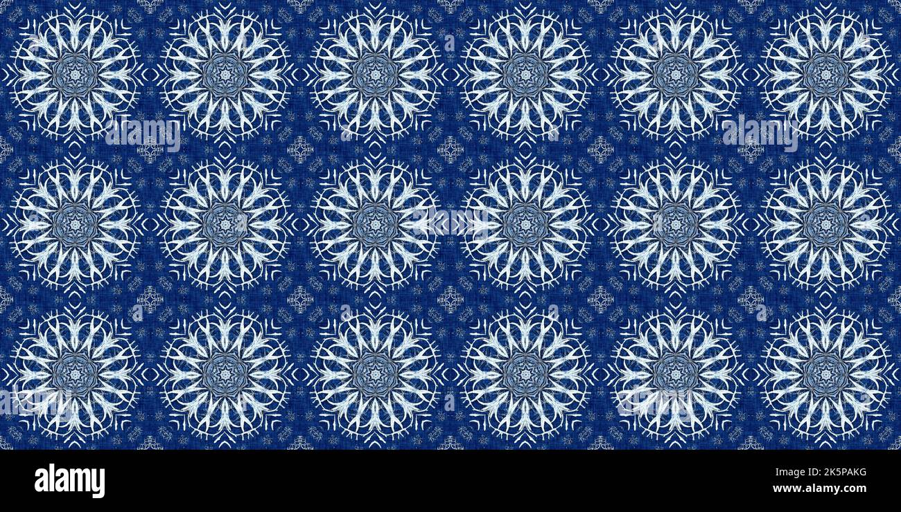 Indigo blue snow flake border batik. Frosty batik painterly effect ...
