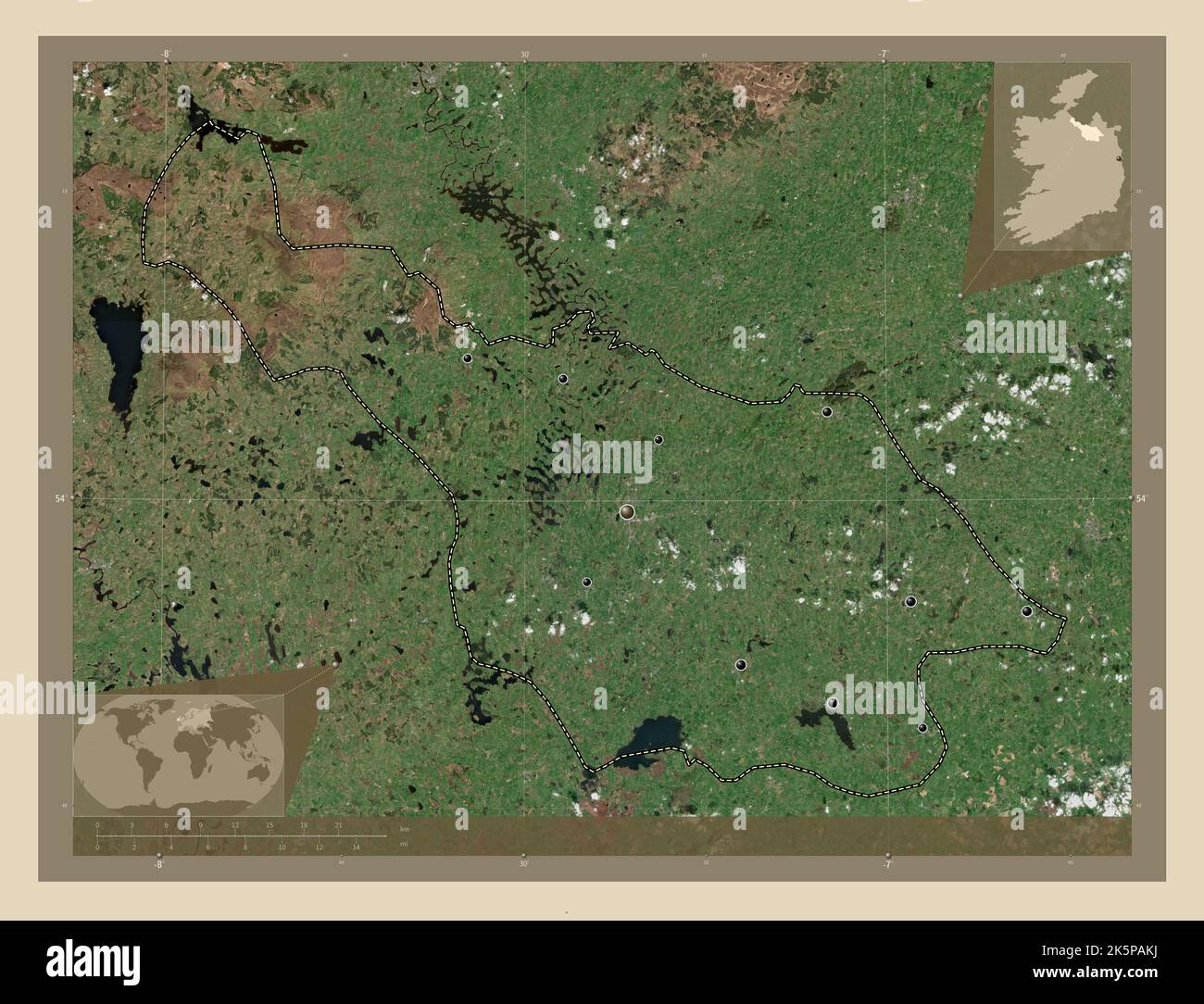 Cavan, county of Ireland. High resolution satellite map. Locations of ...