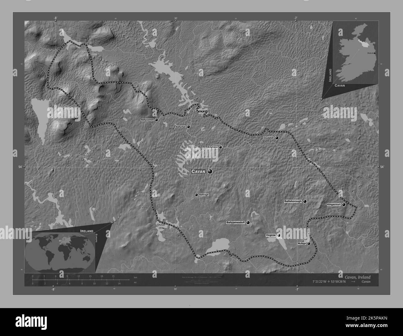 Cavan, county of Ireland. Bilevel elevation map with lakes and rivers ...