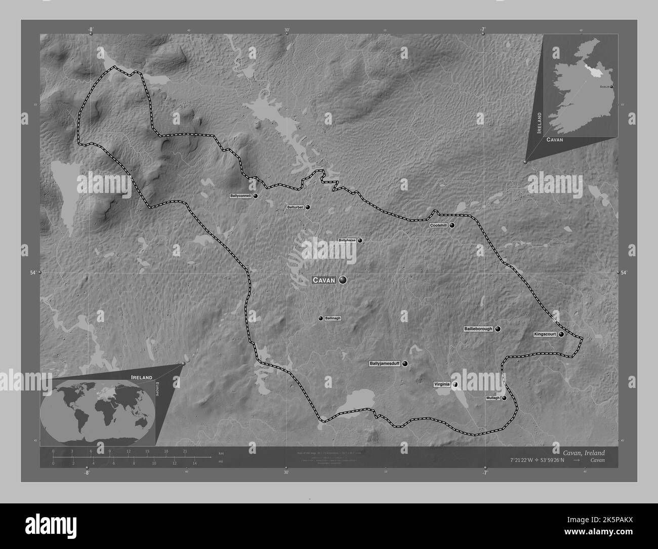 Cavan, county of Ireland. Grayscale elevation map with lakes and rivers ...