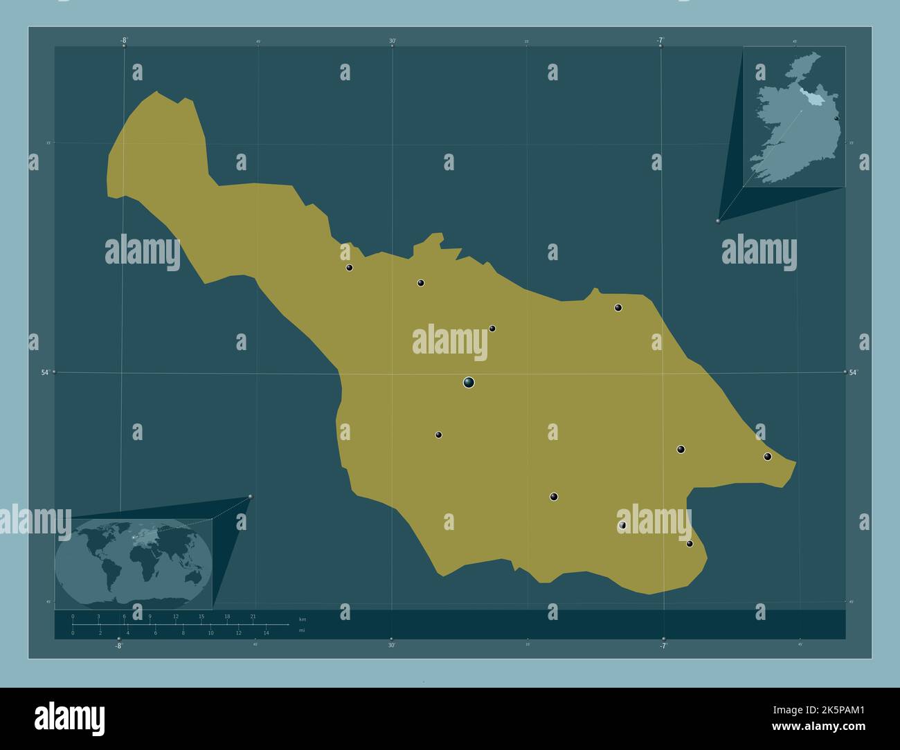 Cavan, county of Ireland. Solid color shape. Locations of major cities ...