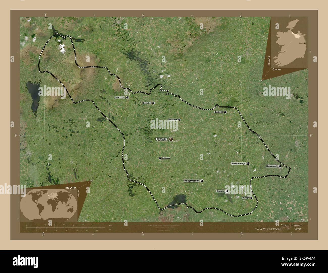 Cavan, county of Ireland. Low resolution satellite map. Locations and ...