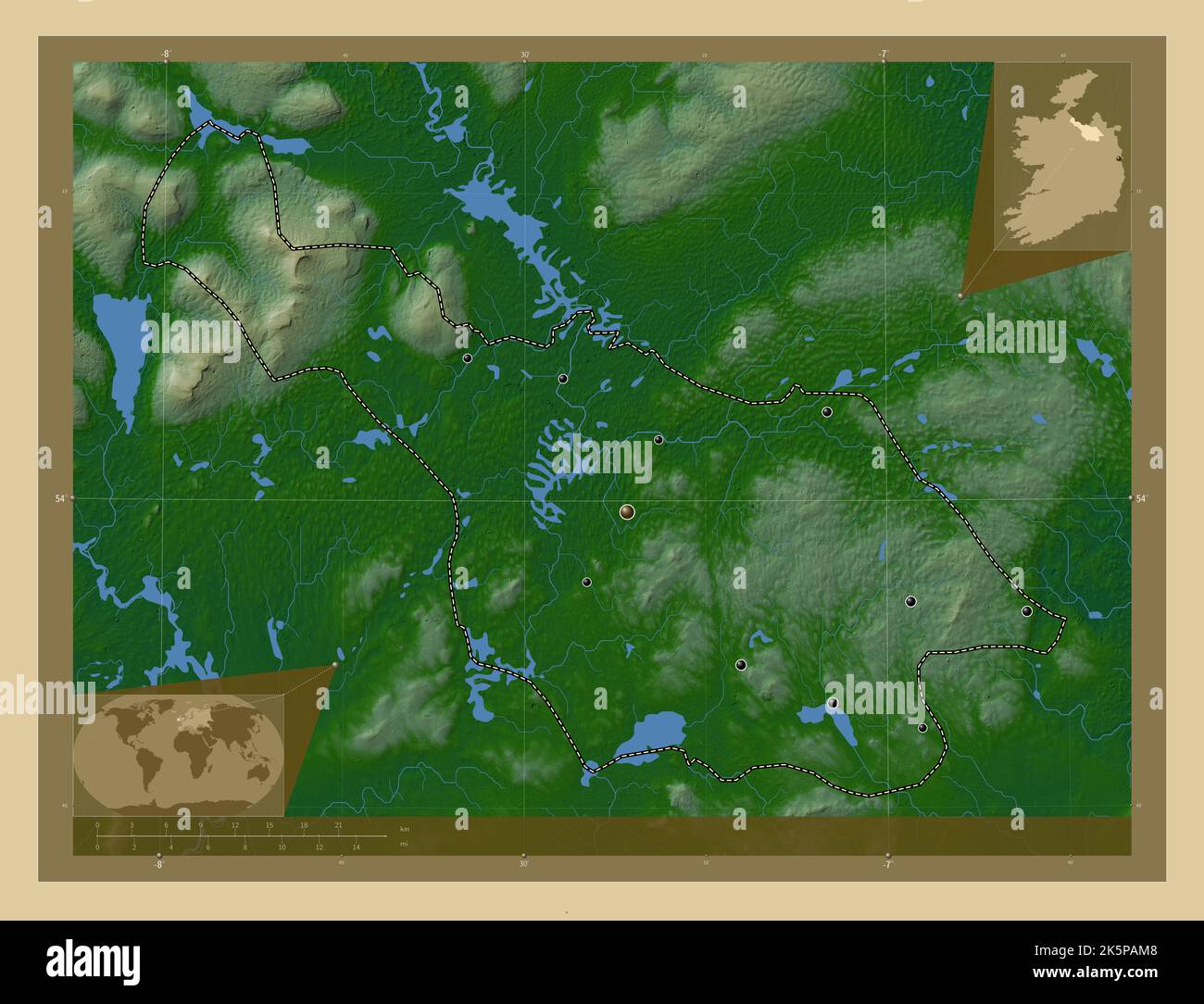 Cavan, county of Ireland. Colored elevation map with lakes and rivers ...