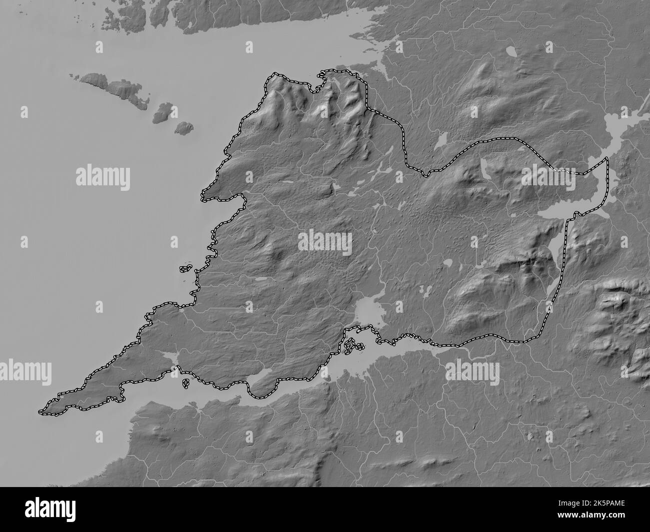 Clare, county of Ireland. Bilevel elevation map with lakes and rivers ...